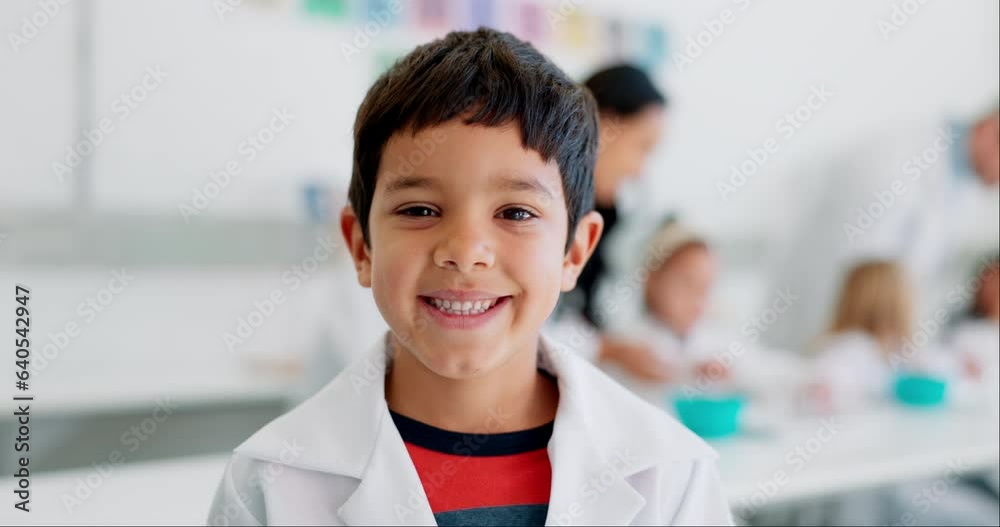 Boy, face and child scientist in class with education, smile and ...