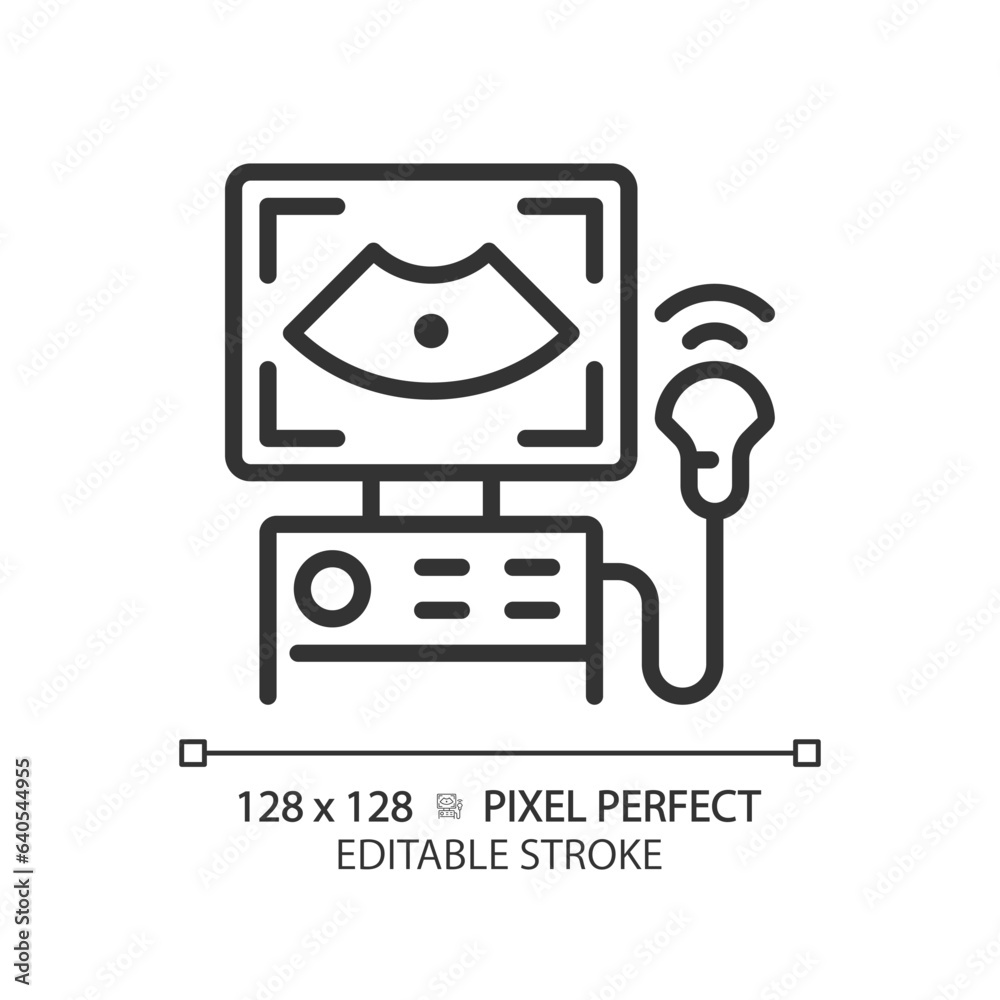 Ultrasound machine pixel perfect linear icon. Pregnancy care. Medical ...