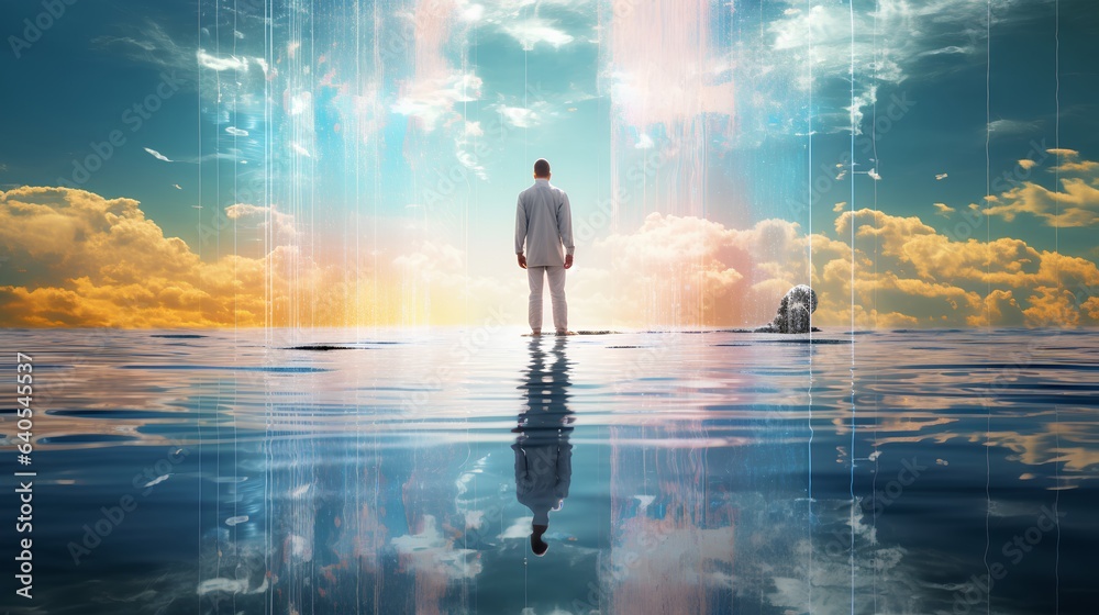 A man standing on a reflective water surface, his body transforming ...