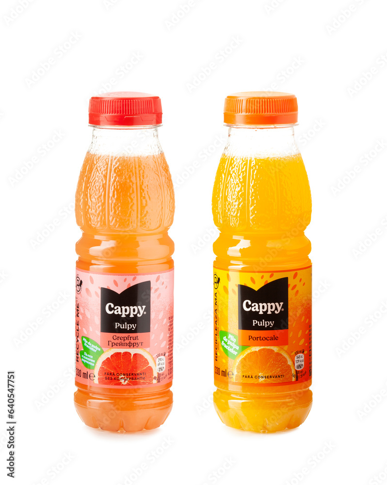 Set Bottles of Cappy Pulpy Grapefruit and Orange fruit juice isolated ...