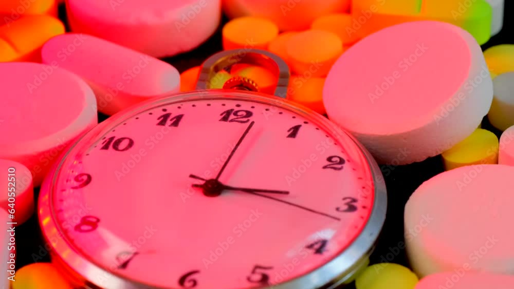 Flashing alarm clock and many multi-colored pills, capsules and ...