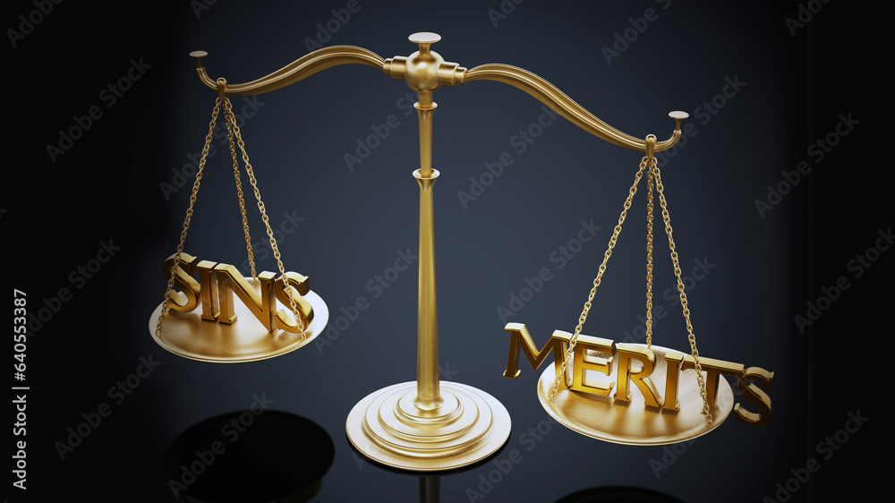 Balanced scale with sins and merits on two sides. 3D illustration Stock ...