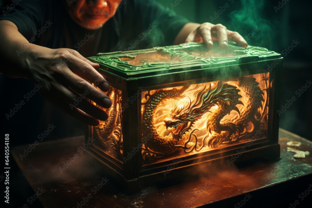 Magic box with a Chinese dragon in it. Concept for Chinese New Year ...