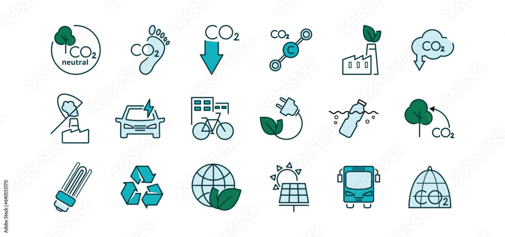 CO2 neutral line icon set. Net zero concept. Green energy, CO2 neutral ...