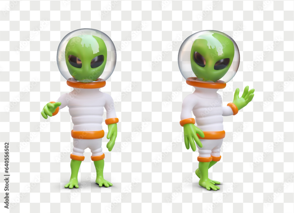 Green aliens in space suits. Vector 3D humanoids. Characters in ...