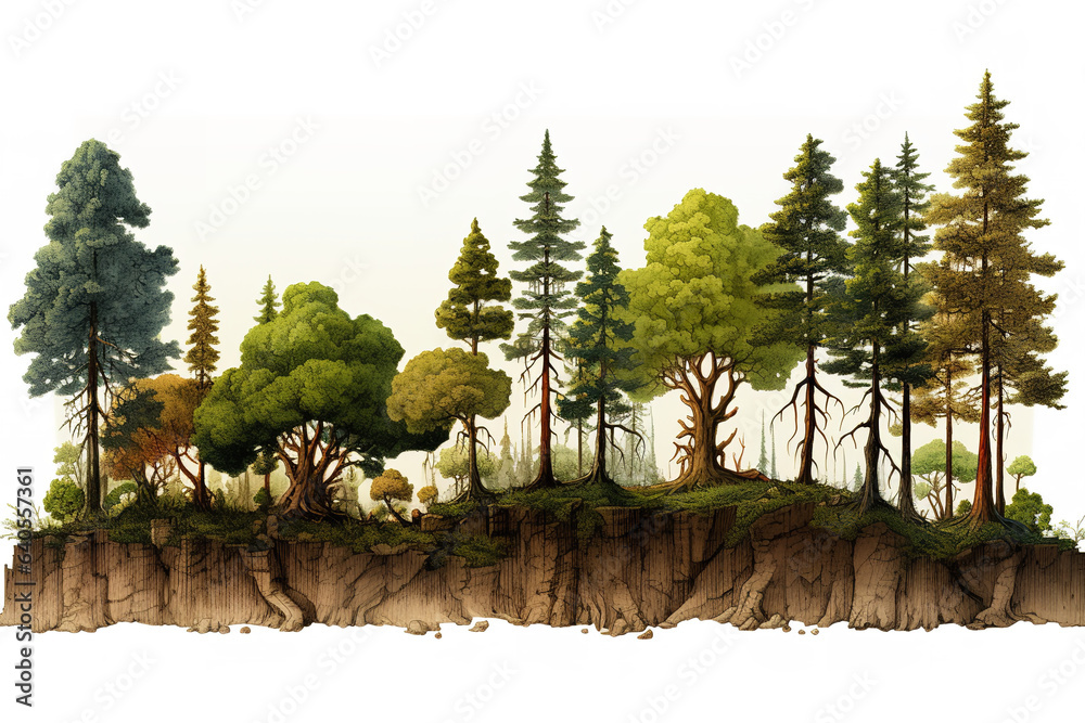 Dense forest view capturing trees in various life stages, from saplings ...