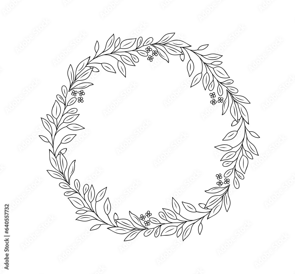 Hand drawn botanical wreath line art vector illustration isolated on ...