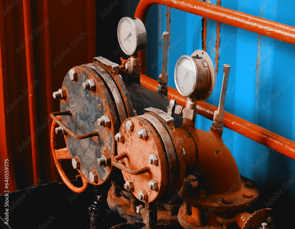 Bunker station on board cargo ship. Sludge connection. Diesel fuel gas ...