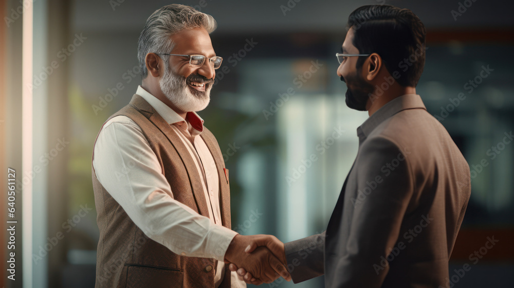 Indian businessman wearing traditional drees handshake in the office ...