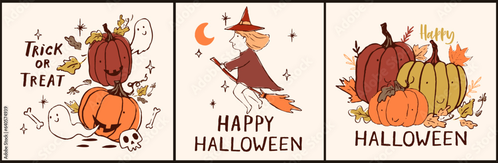Vector set of Halloween party invitations, poster design or greeting ...