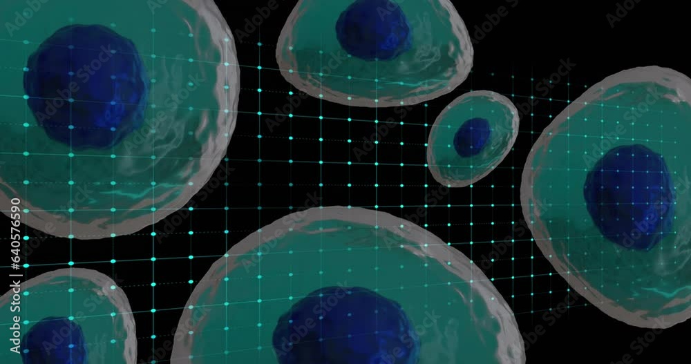 Animation of human body cells on grid with heartbeat on black ...