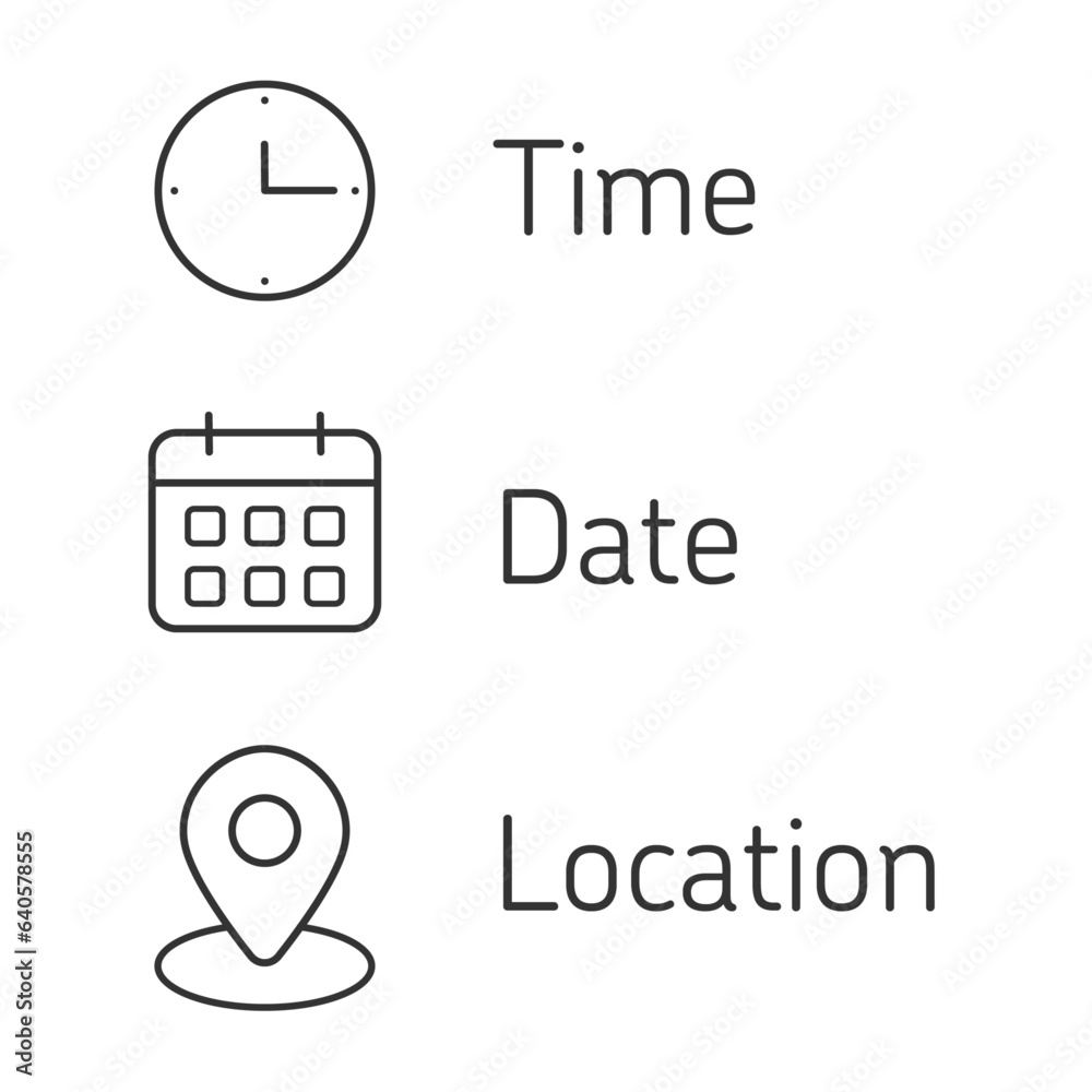 Time, date, location address symbol set. Calendar clock, time, address ...