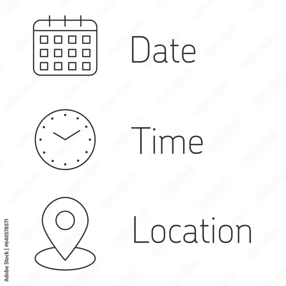 Date, time, location address symbol set. Calendar clock, time, address, location icon. Business ...