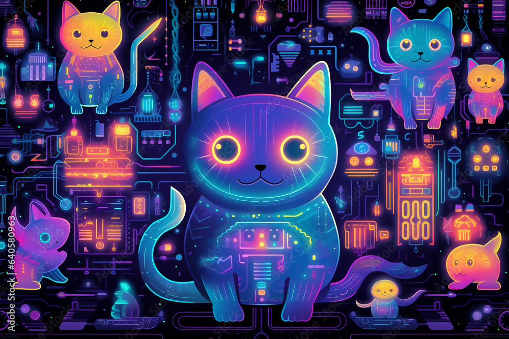 Generative ai doodle 8 bit style vintage pattern with tamagotchi cute ...