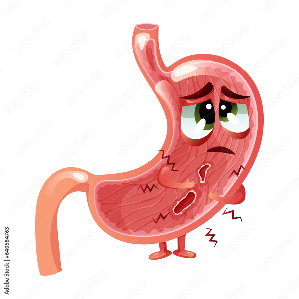 Vetor de Stomach ulcers. Cute and sad stomach character with face and ...
