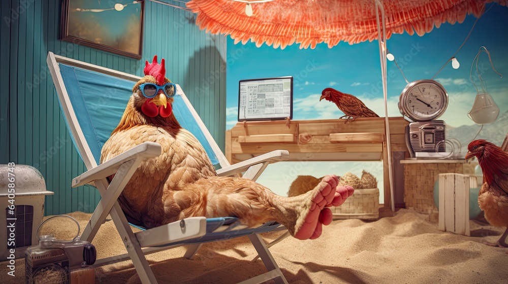 A comical scene of a chicken leading an aerobics class, with farm ...