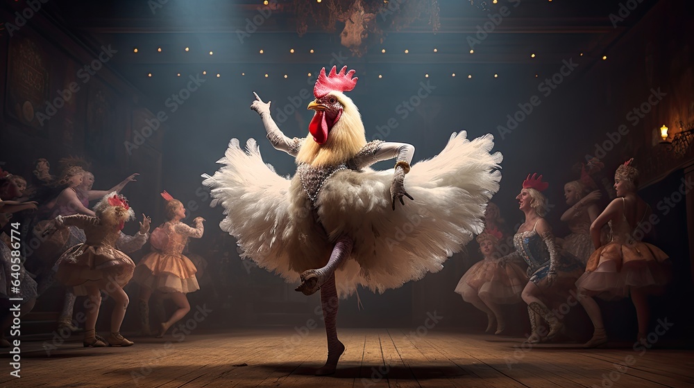 A quirky scene of a chicken, in a mini tutu, taking center stage in a ...