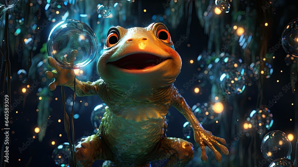 A cheerful frog, inside a transparent space capsule, excitedly leaps ...