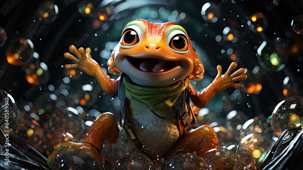 A cheerful frog, inside a transparent space capsule, excitedly leaps ...