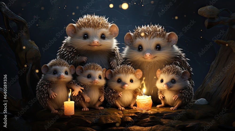 A family of hedgehogs, their spines glowing like mini constellations ...