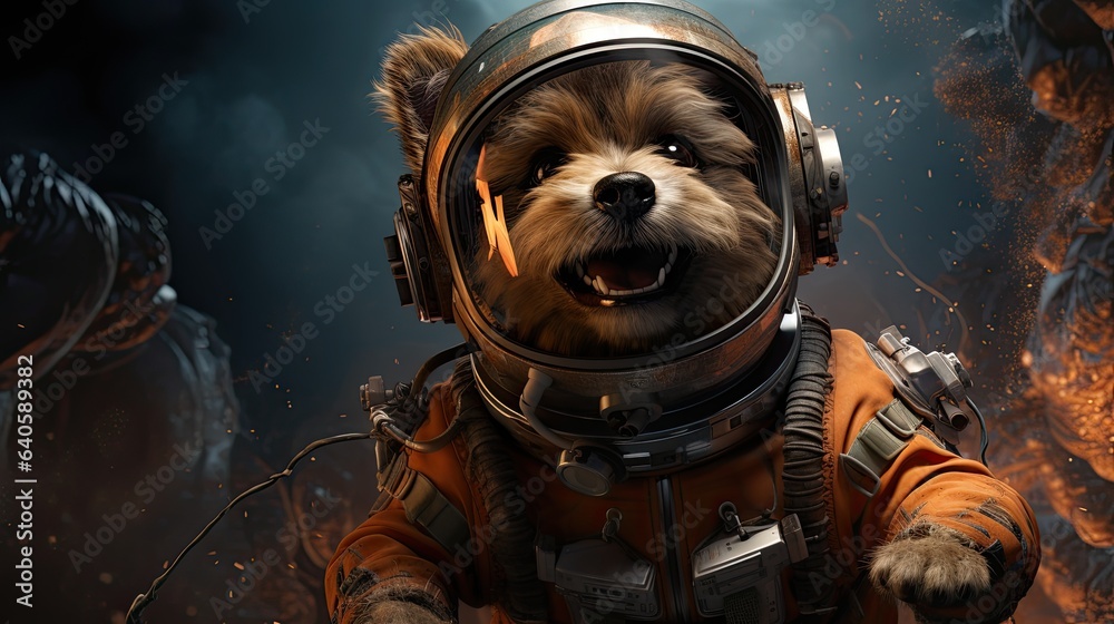 An adorable dog, in a tiny space suit, playfully chasing after floating ...