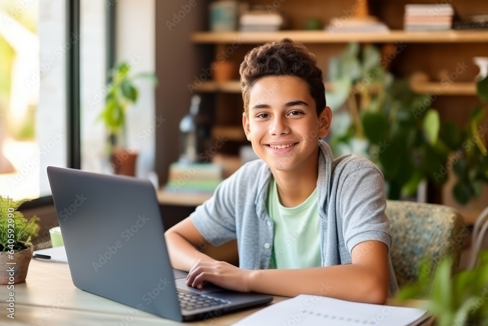 Happy Latin teen student elearning at home on pc, writing notes ...