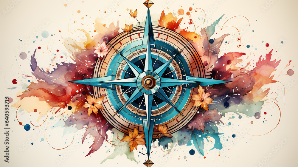 Watercolor compass clip art, white isolated background, space out Stock ...
