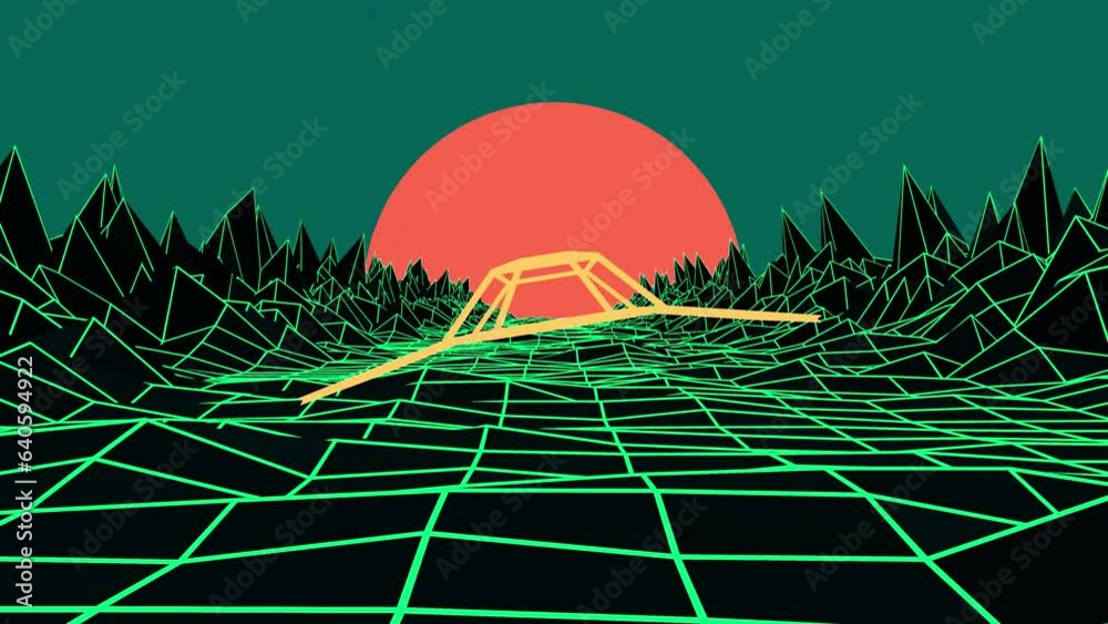 Seamless loop retro 1980s animation with starship silhouette flying ...