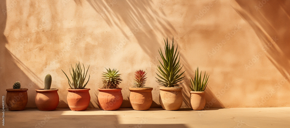 A row of potted plants in terracotta pots of varying sizes and shapes ...