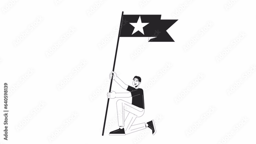 Asian fan boy holding flag with star bw outline 2D character animation ...