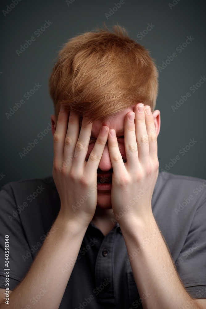 shot of a young man covering up most of his face with hand gestures ...