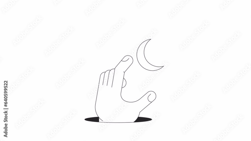 Hanging crescent with hand bw outline 2D concept animation. Esoteric ...