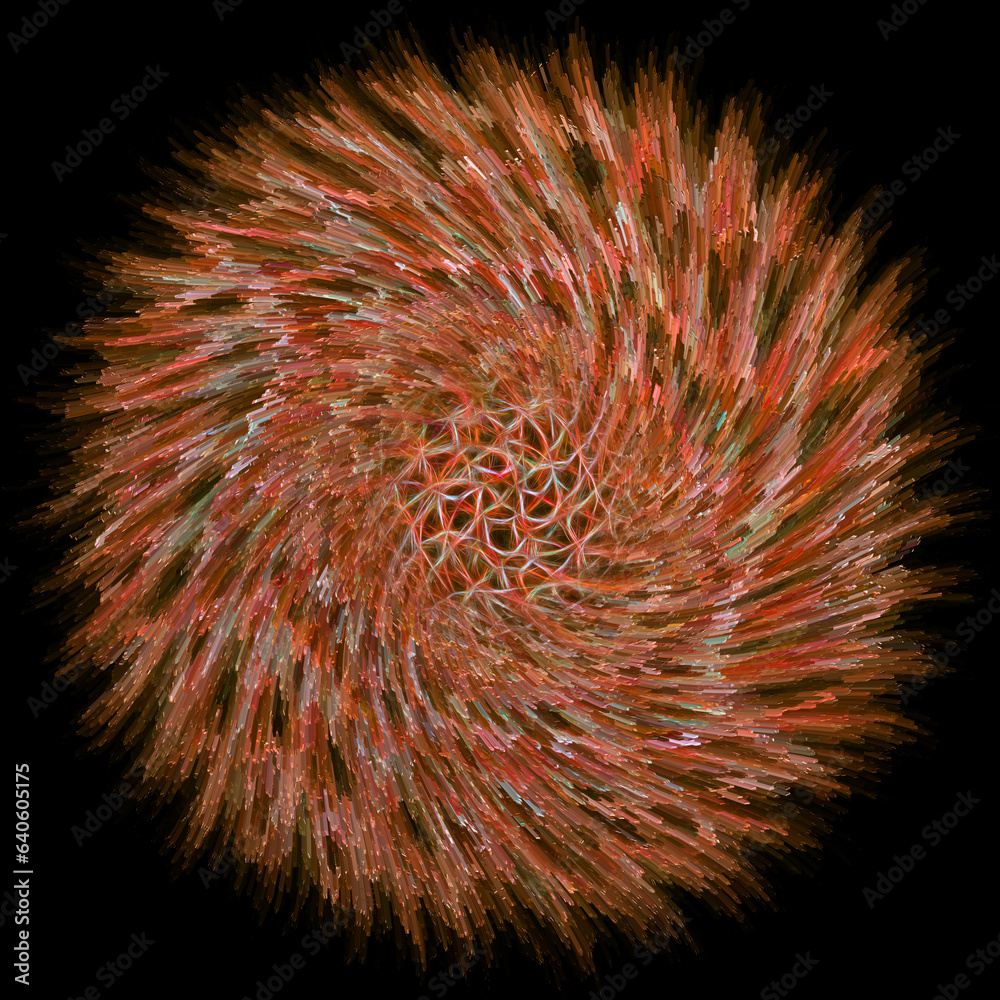 exploding orange gold connected lined circular design on a black ...
