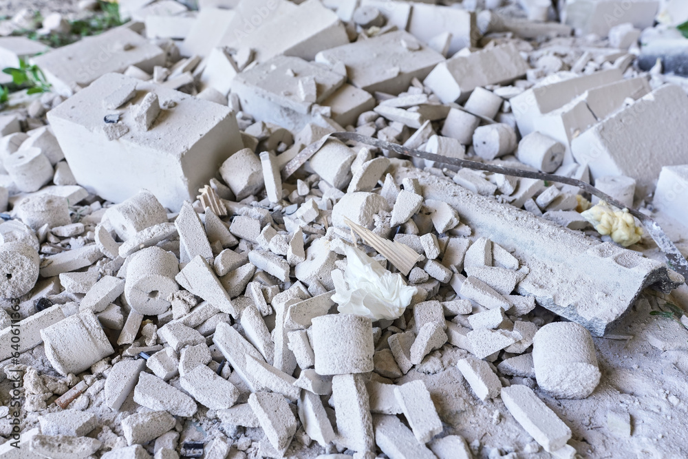 Construction waste debris - remains of white aac - autoclaved aerated ...