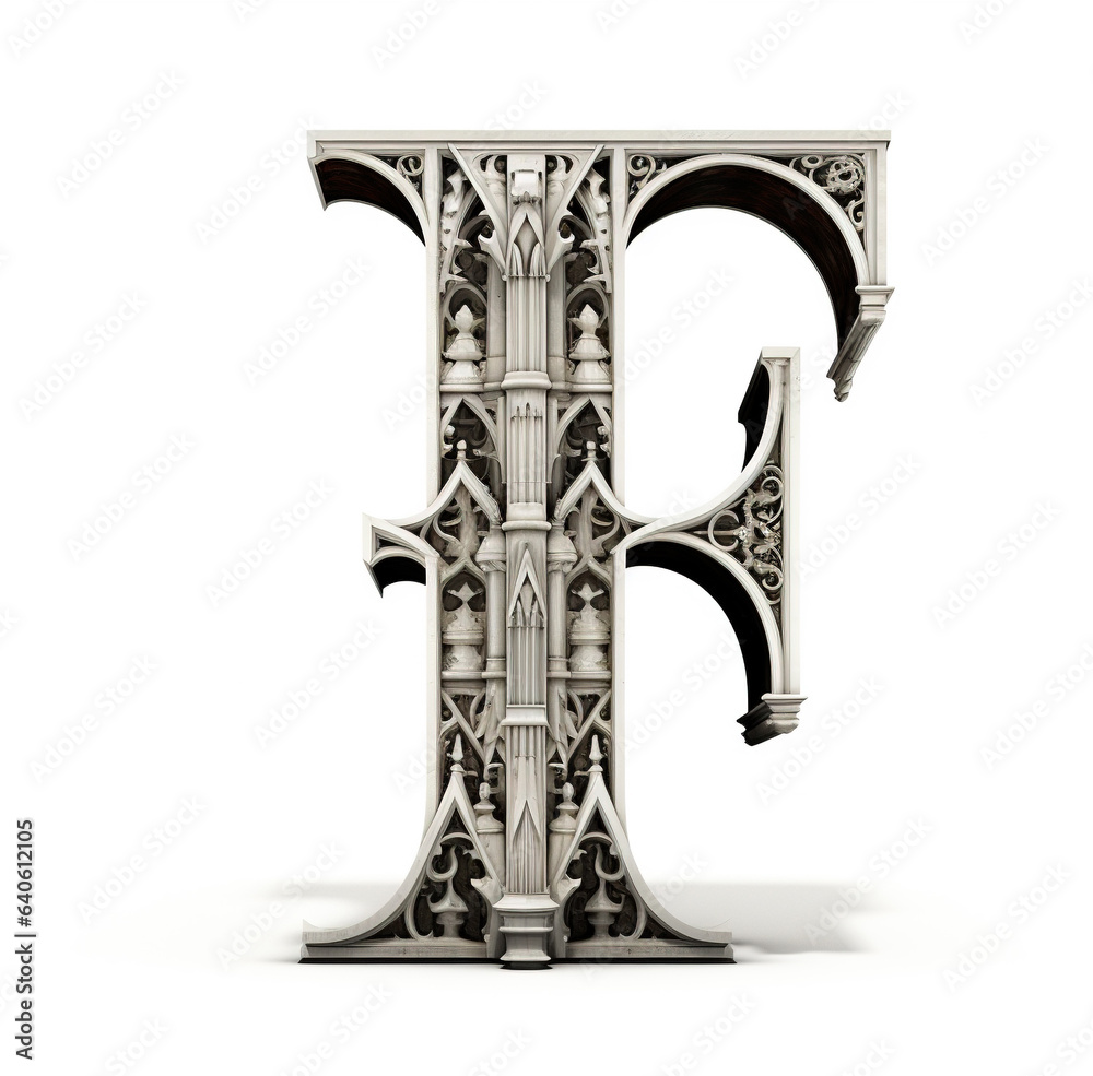 Gothic Cathedral-themed font, 3d render letter f surrounded by Stone ...