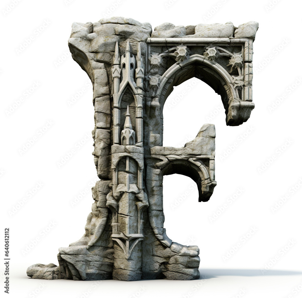 Gothic Cathedral-themed font, 3d render letter f surrounded by Stone ...