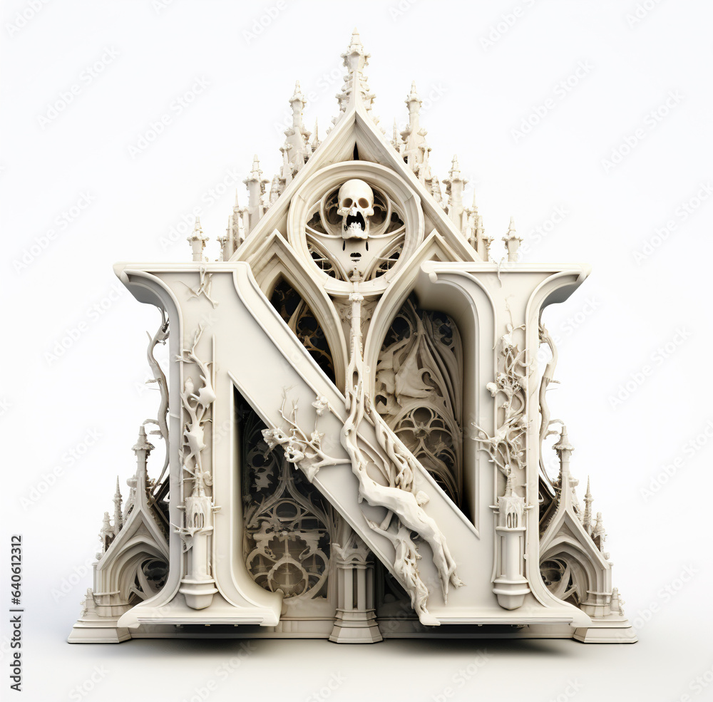 Gothic Cathedral-themed font, 3d render letter n surrounded by Crypt ...
