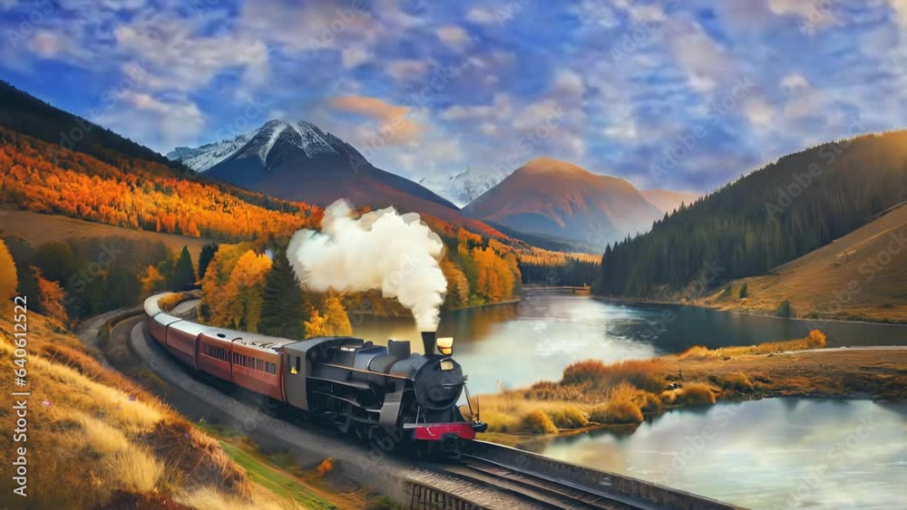 steam locomotive train with beautiful summer panorama, Seamless ...