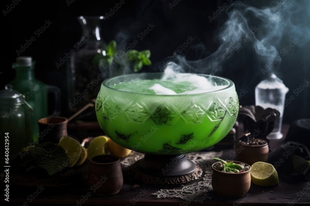 Halloween coctail. Cauldron-shaped punch bowl, made from lime sherbet ...
