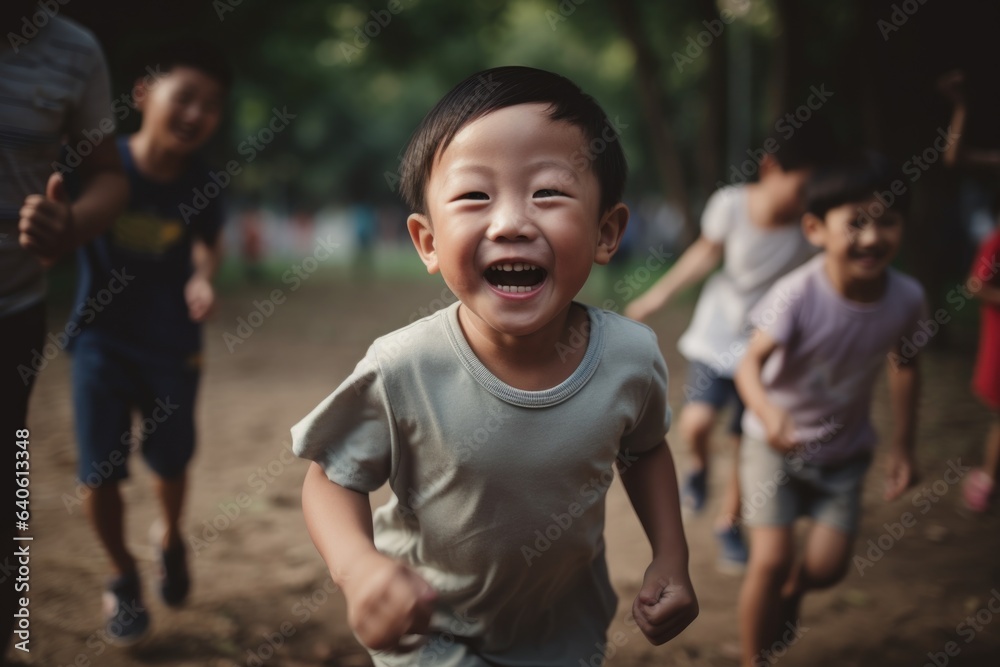 Asian happy smiling preschooler boy playing with a group of friends in ...