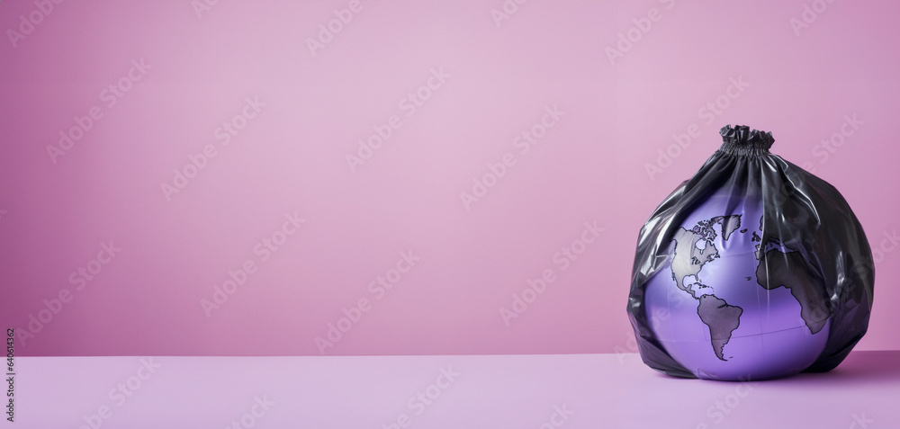 Purple Earth in polyethylene black plastic disposable package. Concept ...