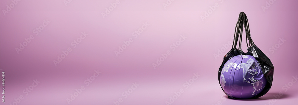Purple Earth in polyethylene black plastic disposable package. Concept ...