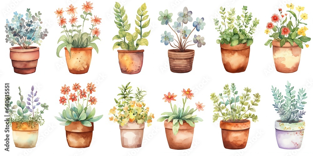watercolor painting style illustration of cute boho flower pot plants ...