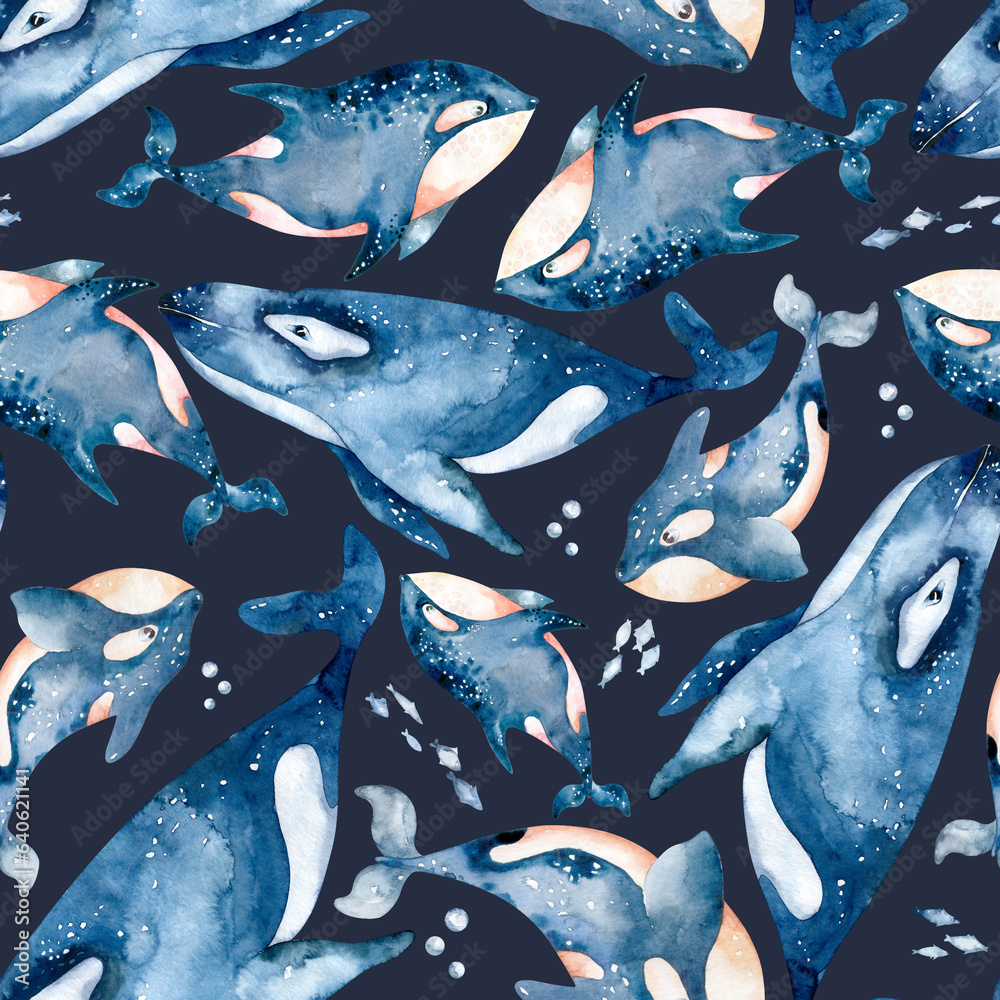 Watercolor whales seamless pattern . Hand drawn cute illustration with ...