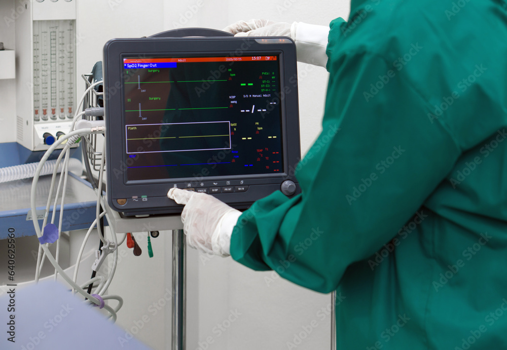Multi-parameter patient monitor in operating room, controlled by nurse ...
