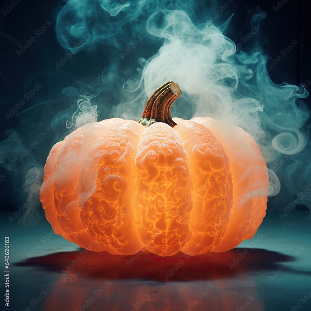 On halloween night, an orange pumpkin with smoke billowing out of it is ...