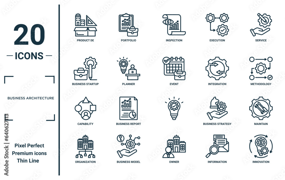 business architecture linear icon set. includes thin line product de ...