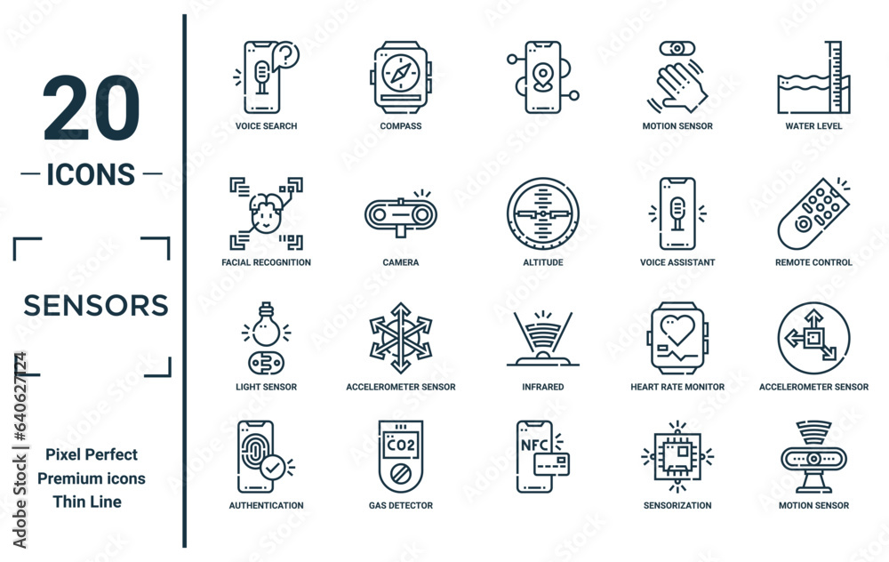 sensors linear icon set. includes thin line voice search, facial ...