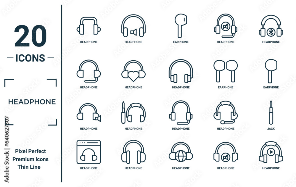 headphone linear icon set. includes thin line headphone, headphone ...