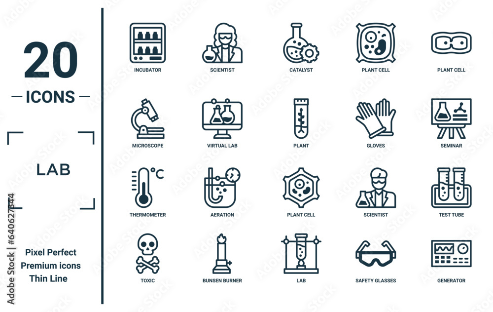 lab linear icon set. includes thin line incubator, microscope ...